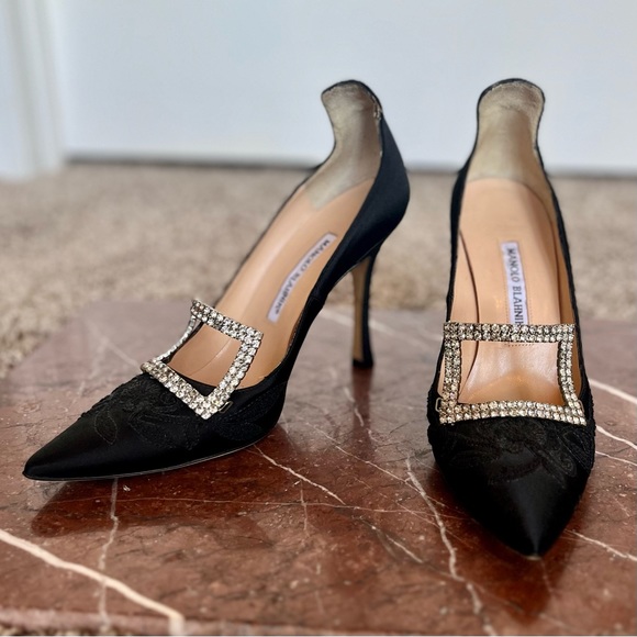 Manolo Blahnik | Shoes | Manolo Blahnik Rhinestone Buckles Satin Lace ...